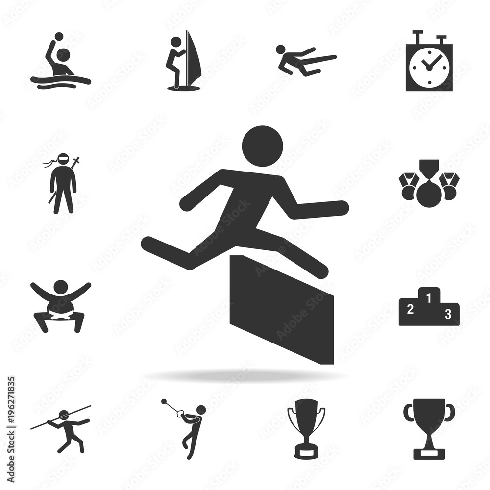 Runner over barrier icon. Detailed set of athletes and accessories ...