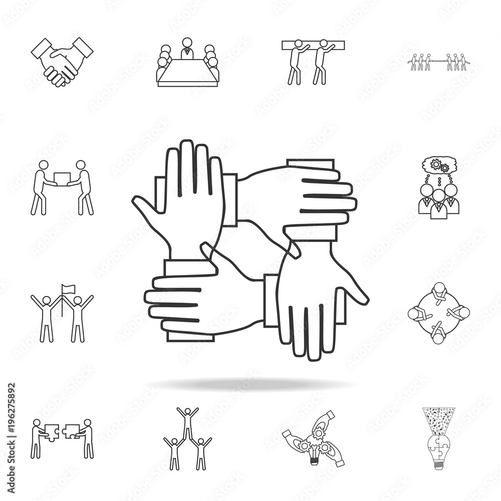 Four hands hold together icon. Detailed set of team work outline icons ...
