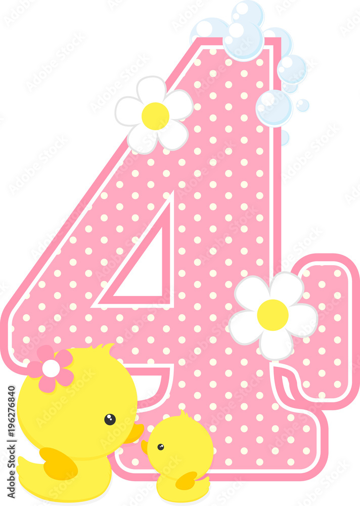 number 4 with bubbles and cute rubber duck isolated on white. can be ...