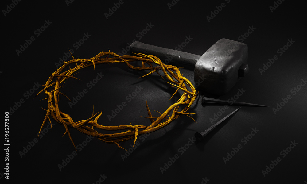 Crucifixion Of Jesus Christ - Cross With Hammer Nails And Gold Crown Of ...