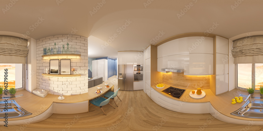 3d illustration spherical 360 degrees, seamless panorama of living room ...