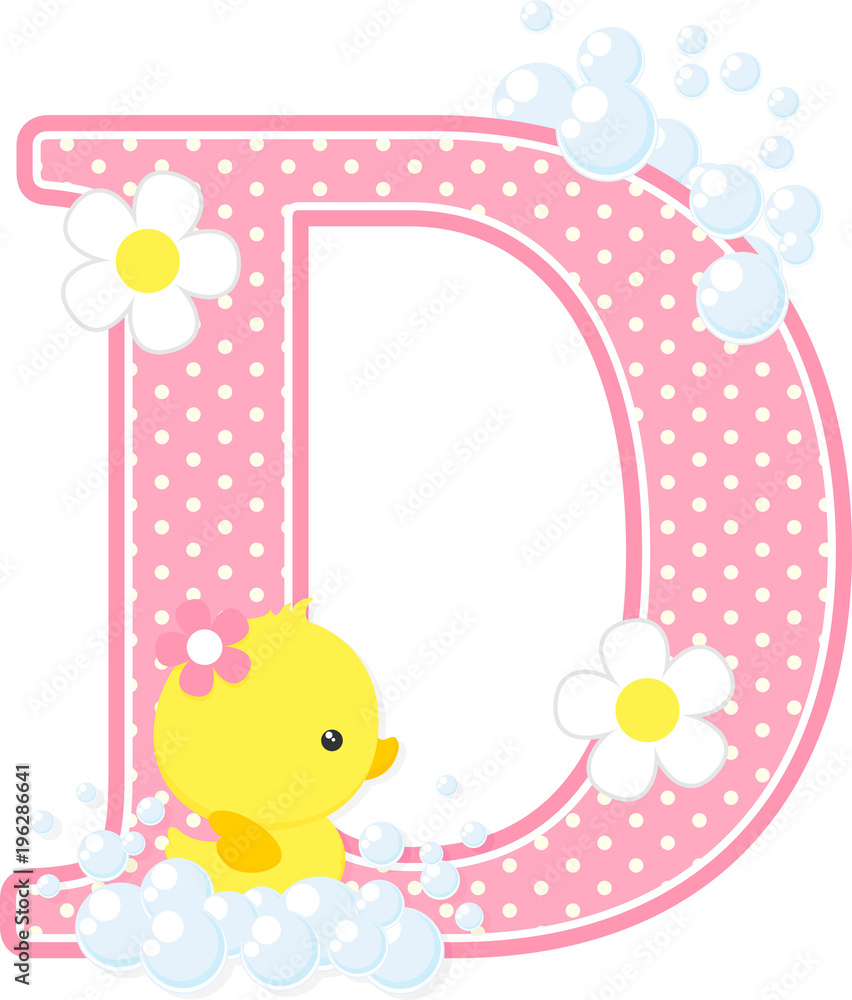 initial d with flowers and cute rubber duck isolated on white. can be ...