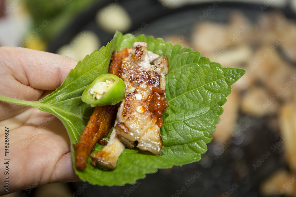 Korean barbecue pork belly, Samgyeopsal-gui with deodeok Stock Photo ...
