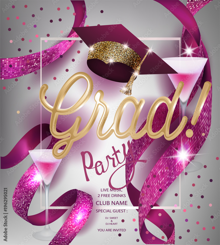 Grad party invitation card with sparkling ribbons, glasses of cocktail ...