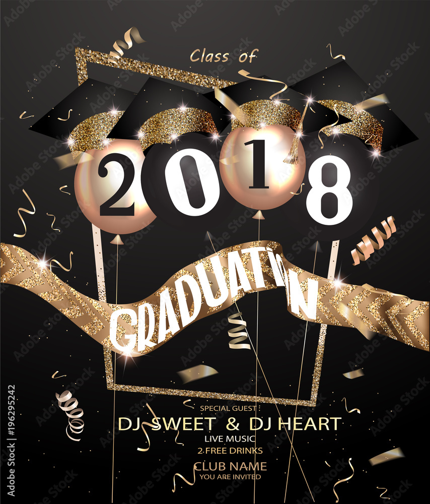 Graduation party banner with gold curly silk ribbons and air balloons ...