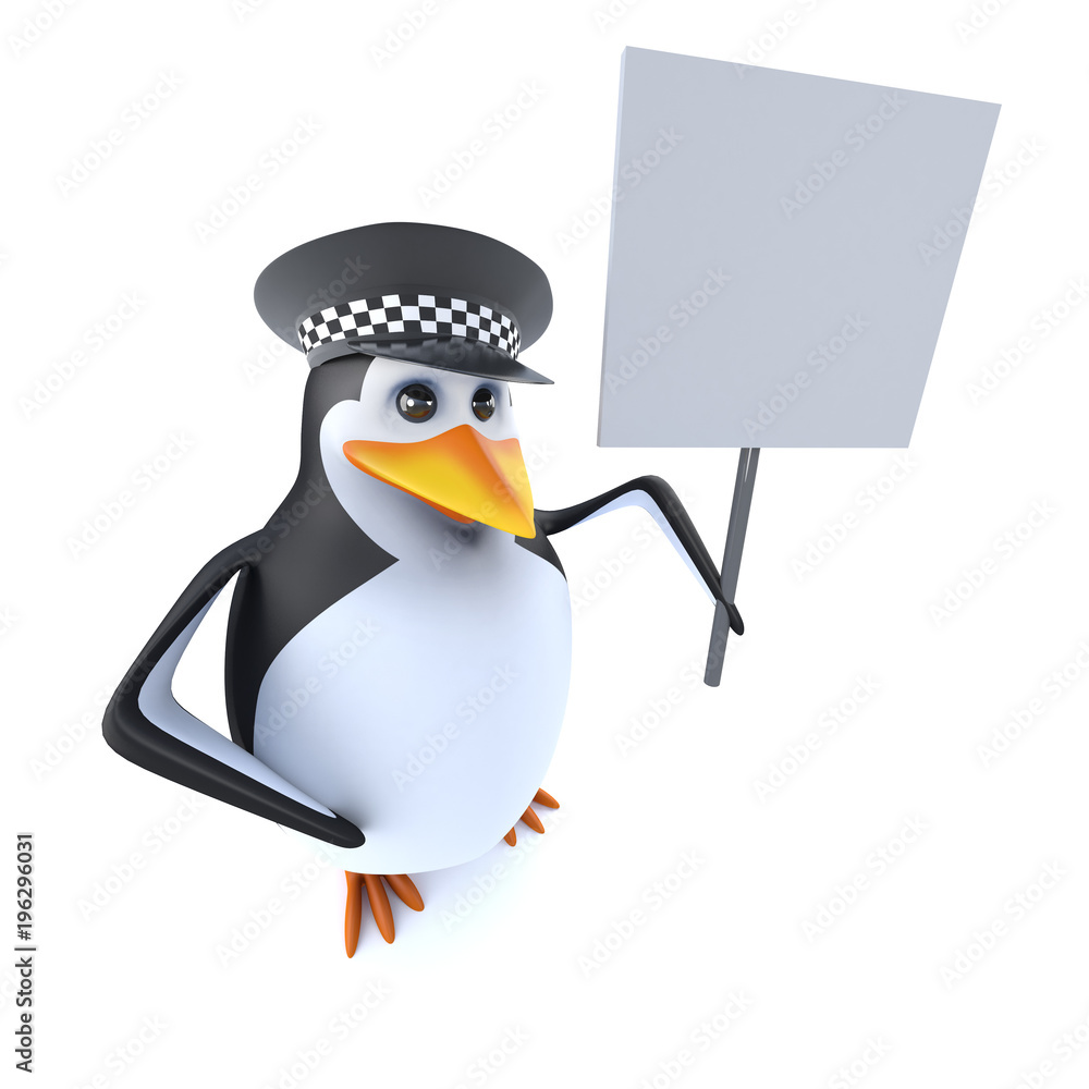3d Funny cartoon police penguin character holding a blank placard Stock ...