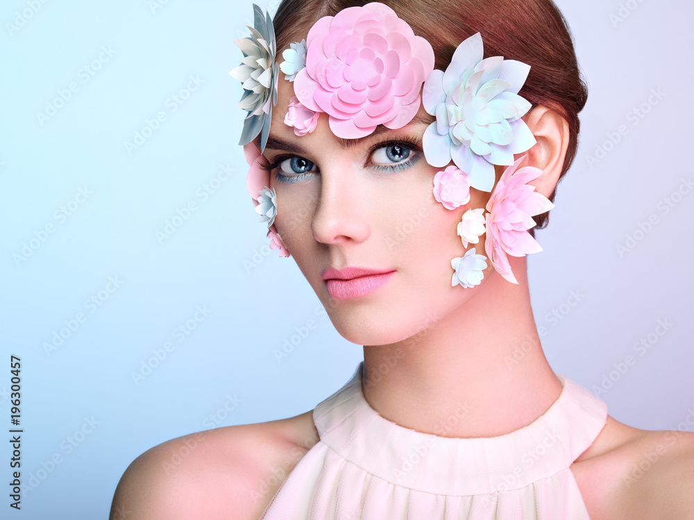 Face of Beautiful Woman Decorated with Flowers. Perfect Makeup. Beauty ...