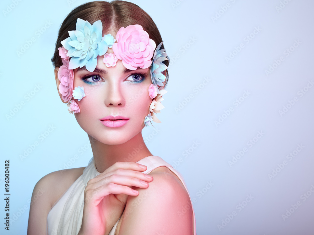 Face of Beautiful Woman Decorated with Flowers. Perfect Makeup. Beauty ...