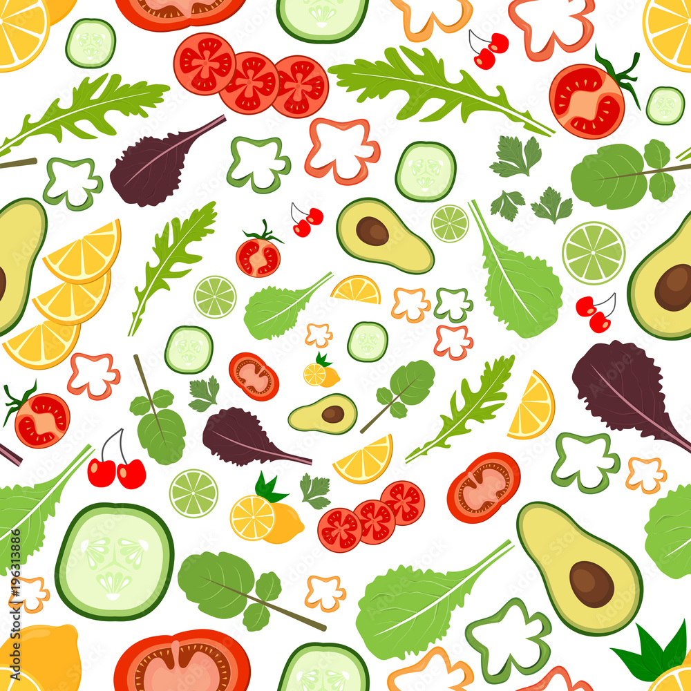 Seamless background pattern of organic farm fresh fruits and vegetables ...
