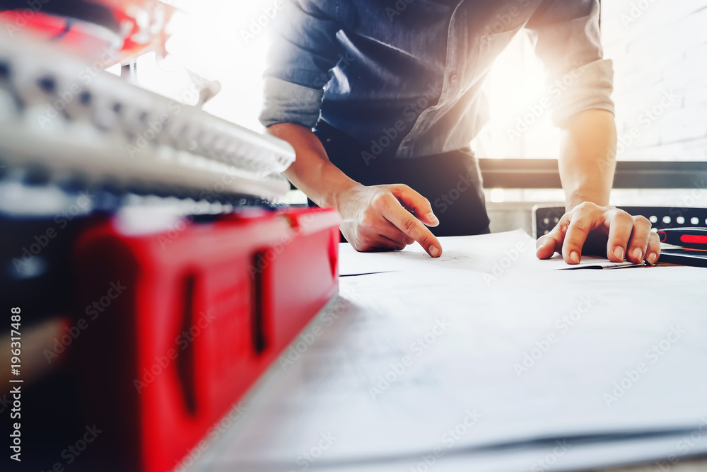 Architect design concept. Young engineer drawing of house structure on ...