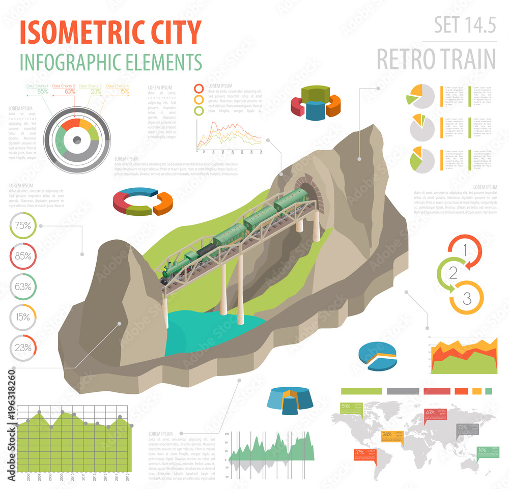3d isometric retro railway with steam locomotive and carriages. Сity ...