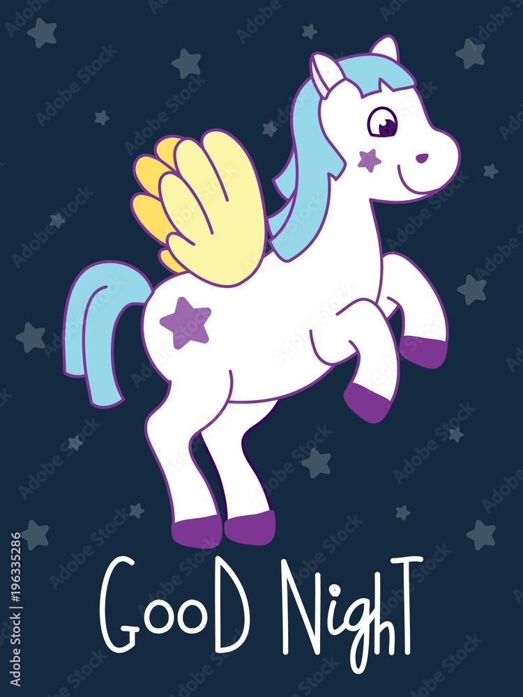Cute pony card with quote: Good night. White pony with wings. Funny ...