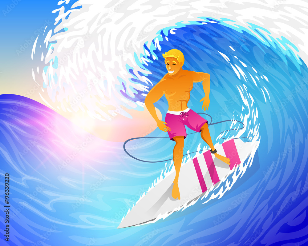 Surfer riding on blue ocean wave with surfboard. Muscular man on ...