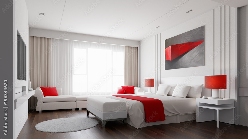 Hotel room with color concept 3d rendering Stock Illustration | Adobe Stock