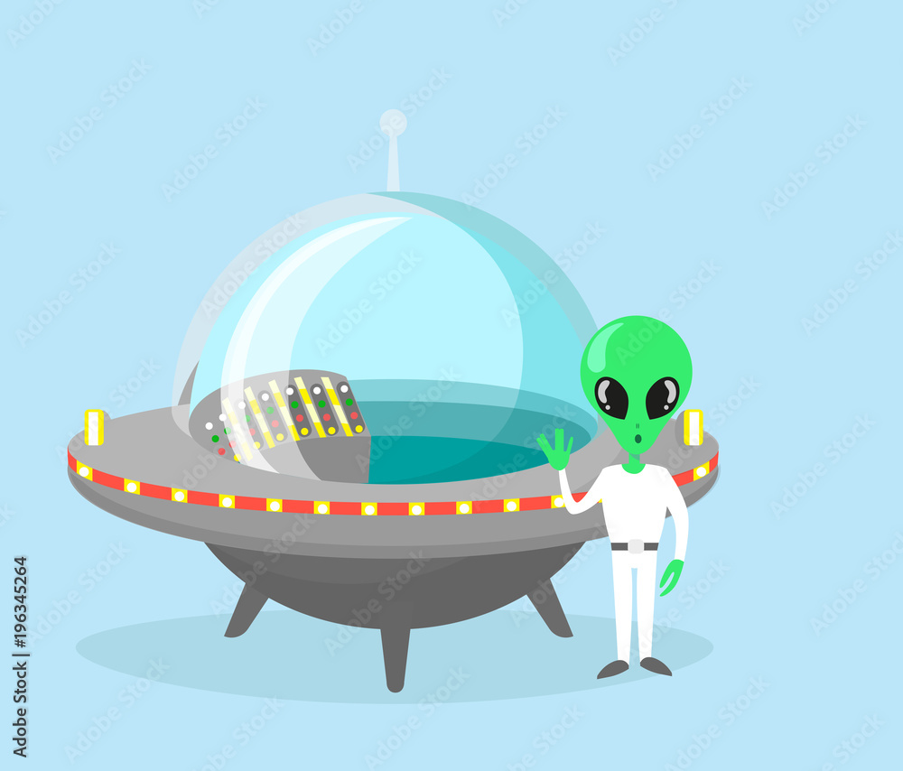 Vector illustration of cute and nice alien character with spaceship on ...