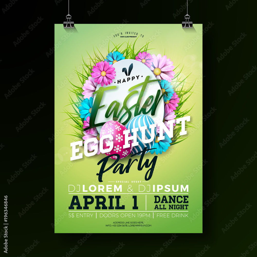 Vector Easter Party Flyer Illustration with painted eggs, flowers and ...