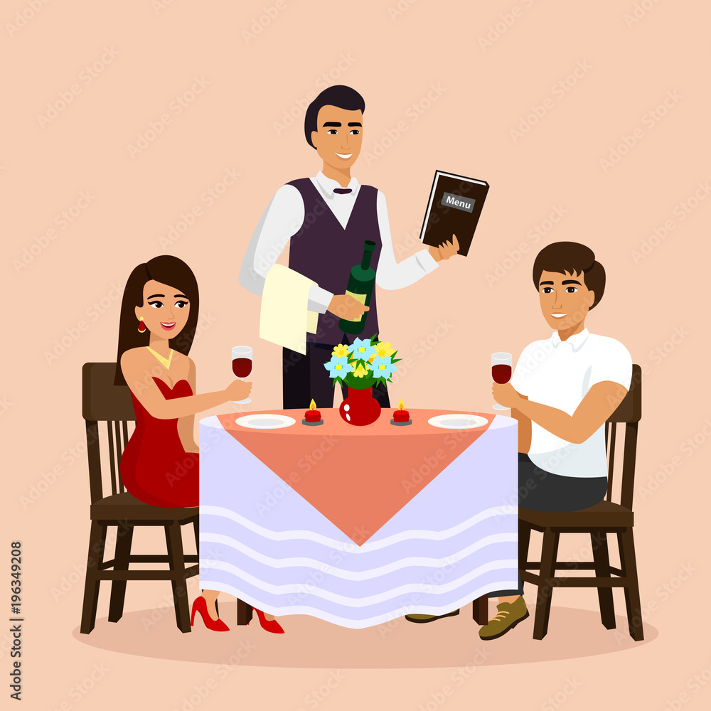 Vector illustration of loving couple in restaurant with waiter ...