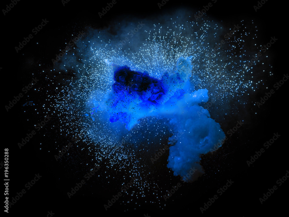 Blue realistic explosion with smoke and sparks isolated on black ...