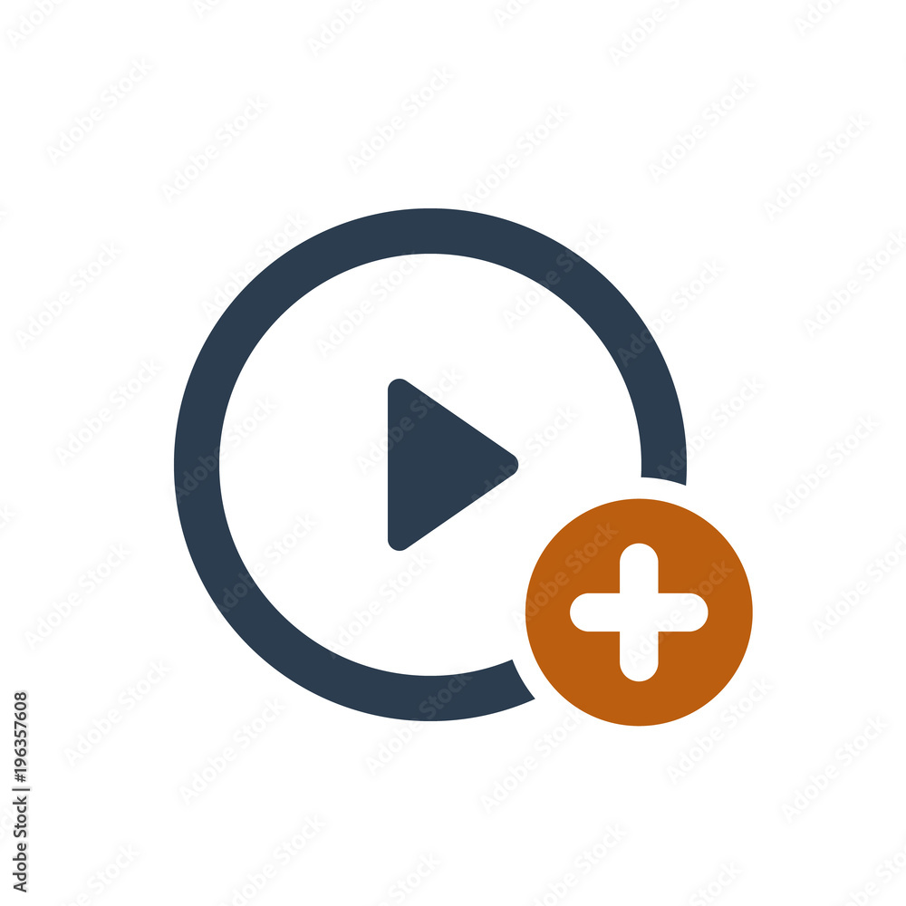 Play button icon with add sign. Play button icon and new, plus ...