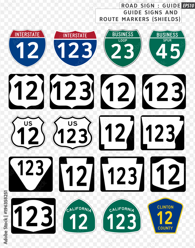 Road sign. Guide. Guide Signs and Route Markers (Shields). Vector ...