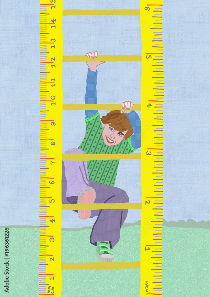 Boy climbing a ruler ladder Stock Illustration | Adobe Stock