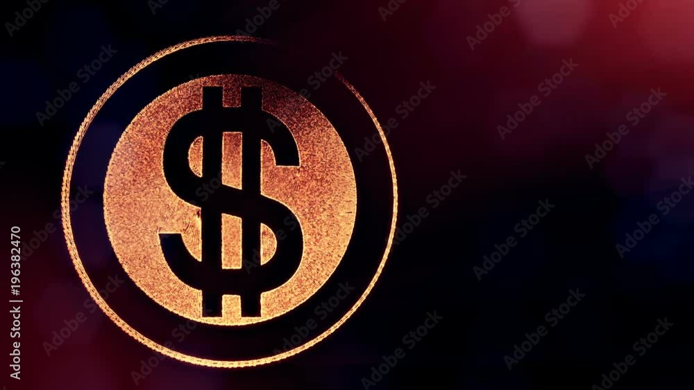dollar sign in rings. Finance background of luminous particles. 3D loop ...