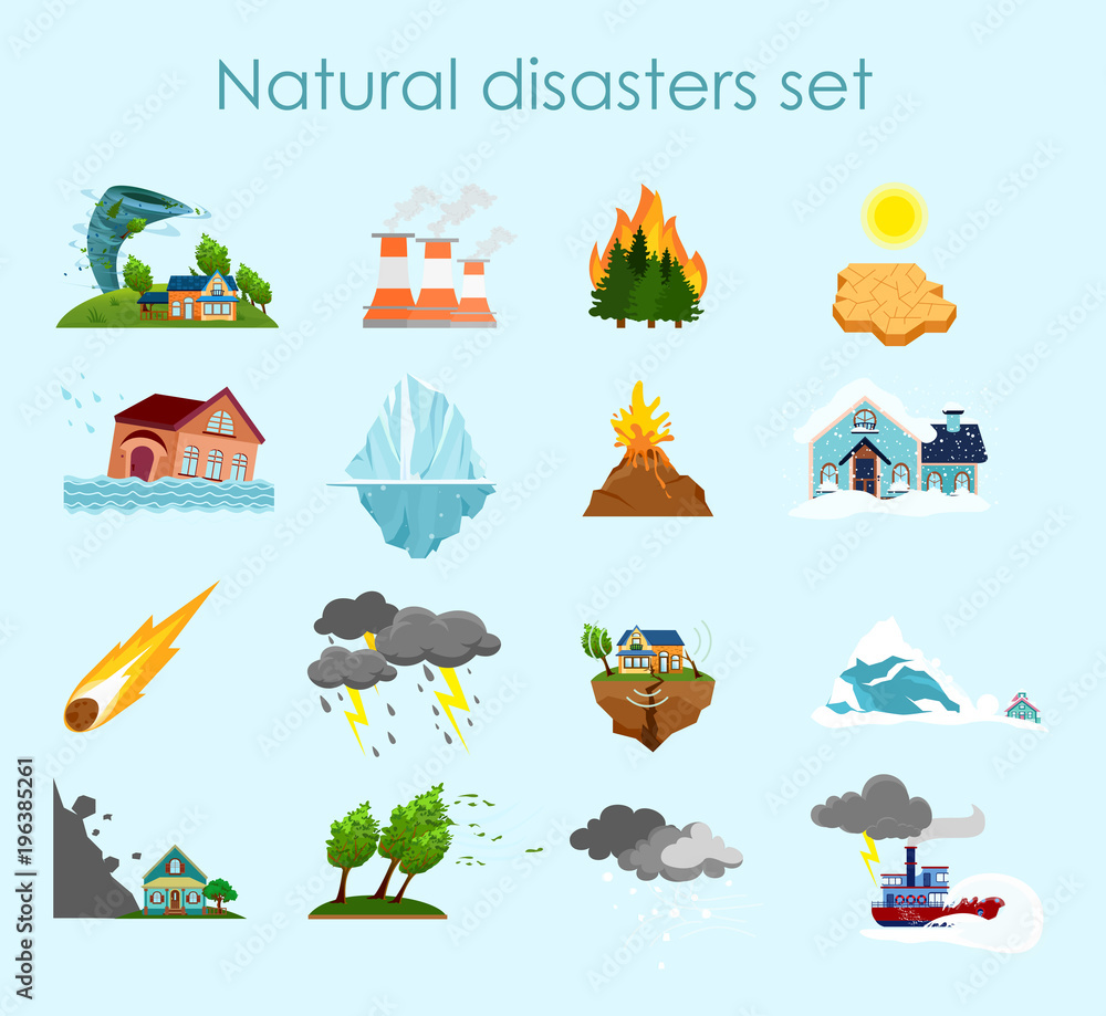 Vector illustration collection of color icons natural disasters on ...
