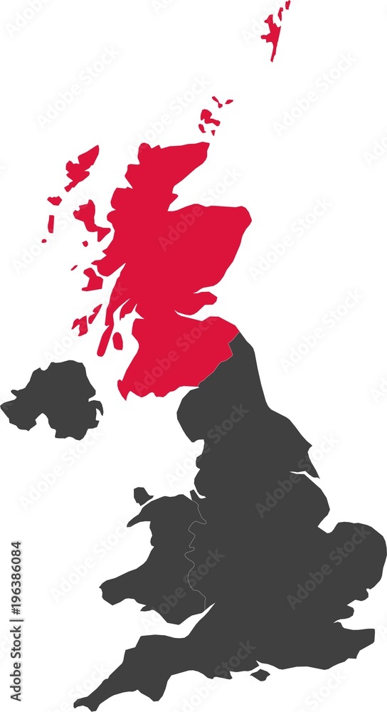 Map of United Kingdom split into individual countries. Highlighted ...