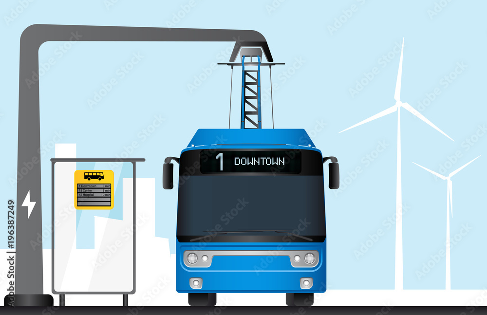 Blue electric bus is charged by pantograph. On a bus stop electronic ...