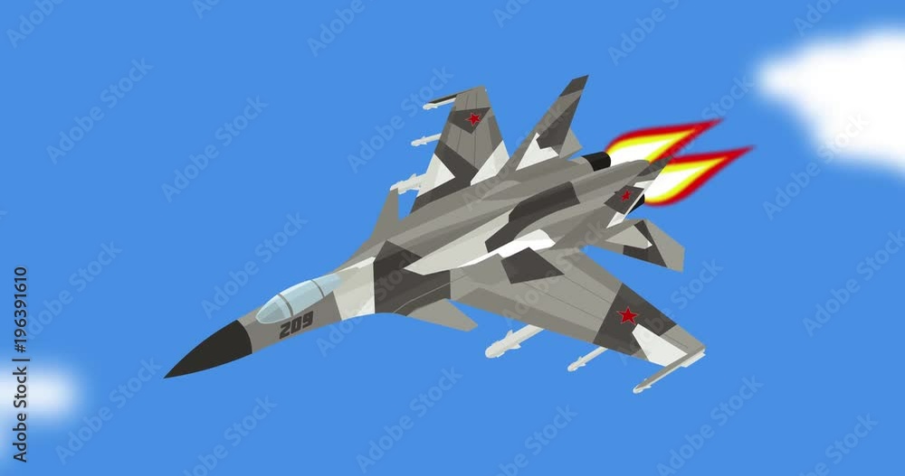 Cartoon russian (soviet) jet fighter fly in blue sky and launch ...