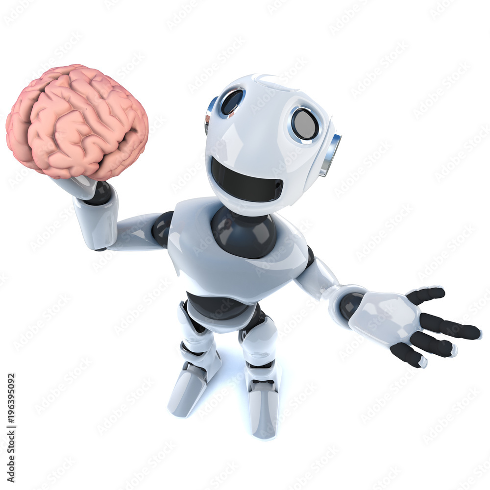 3d Funny cartoon mechanical robot character holding a human brain Stock ...