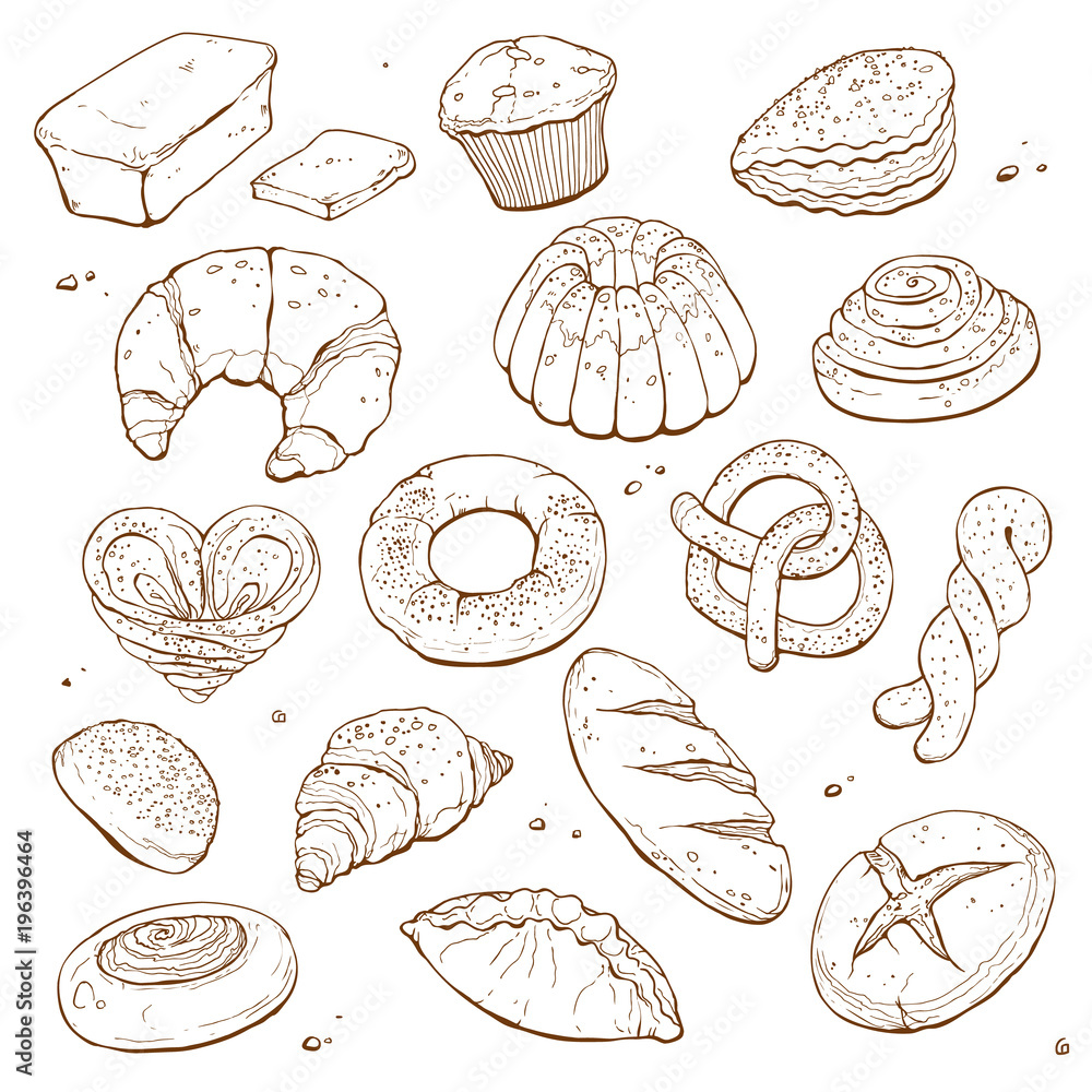 Hand drawn bread isolated on white background. Bakery objects vector ...