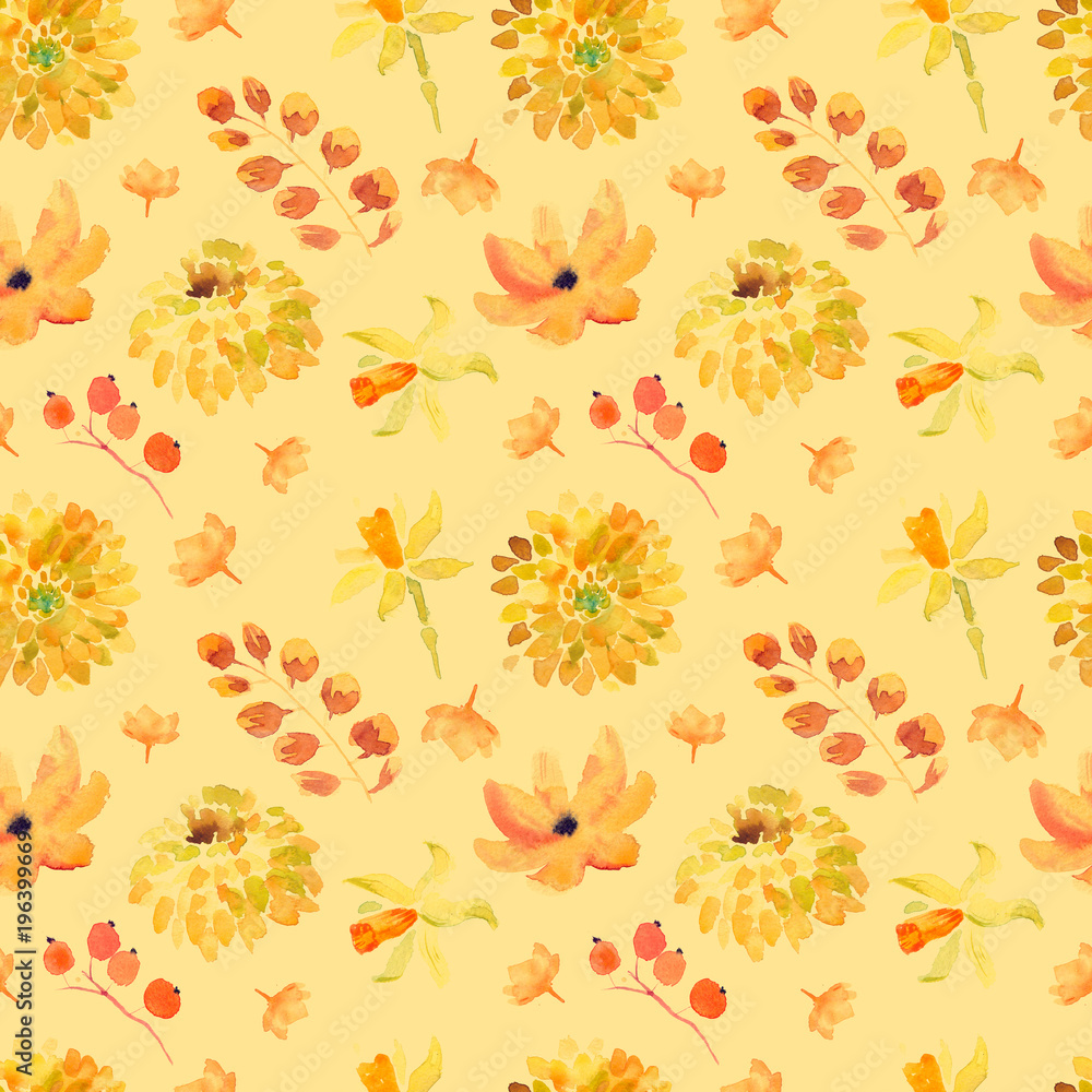 Yellow summer flowers seamless pattern with beautiful orange floral ...