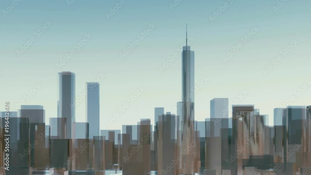 Panorama of abstract reflective cube shape high rise buildings ...