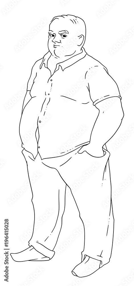Vector illustration of a bald man with obesity. The fat man stands with ...