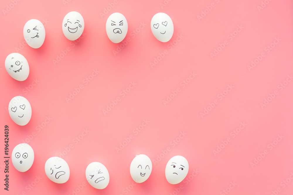 Basic emotions concept. Faces drawn on eggs. Happy, smile, sad, angry ...