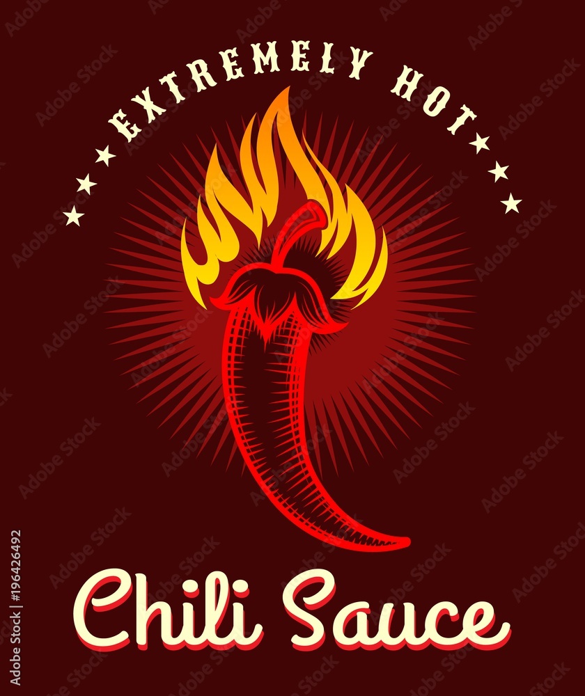 Chili sauce poster. Burning hot pepper background, fire salsa spicy ...