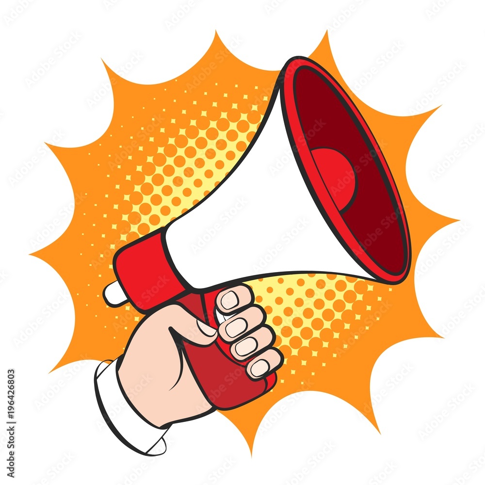 Cartoon hand with megaphone. Announce bullhorn retro vector ...