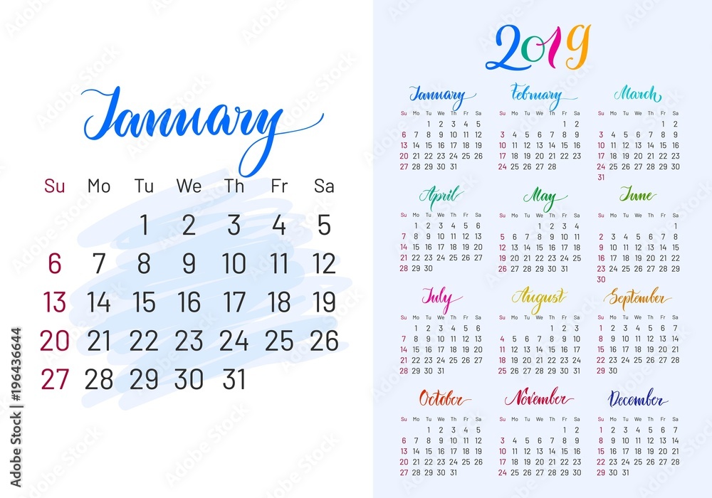 Colorful planner, 2019, January separately, white-blue background ...
