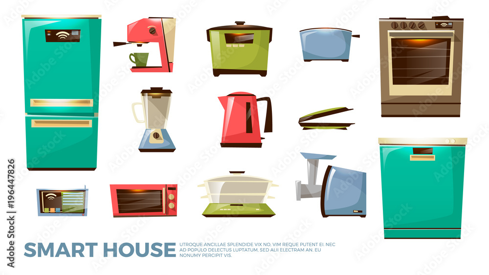 Vector cartoon smart kitchen, internet of things, iot modern wireless ...