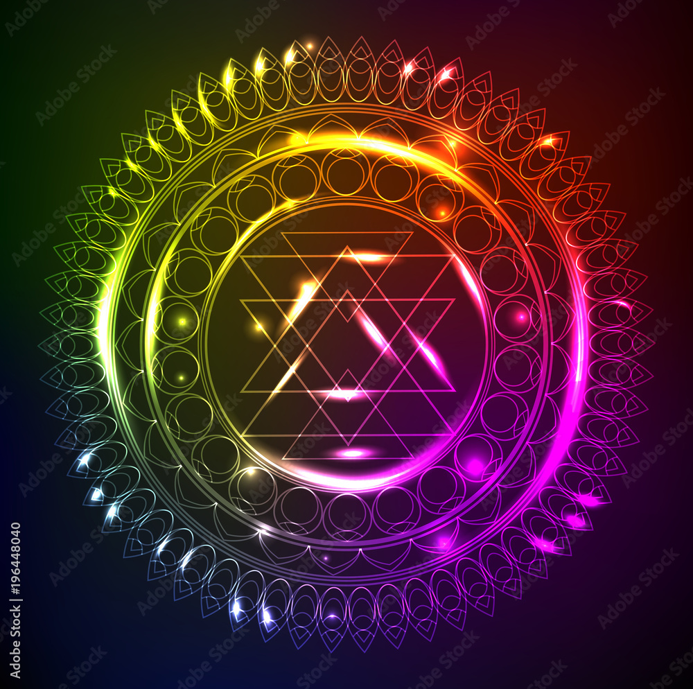 Abstract neon background with a mandala made of luminous lines on a ...