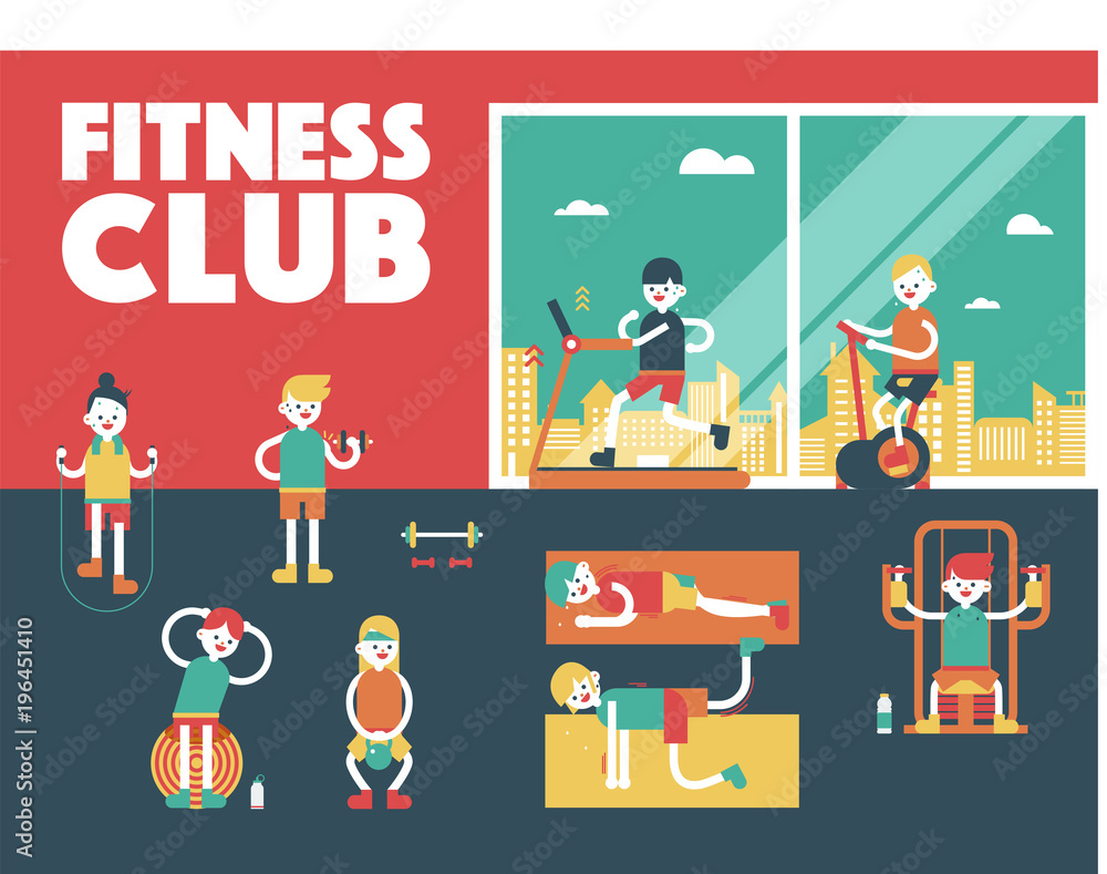 fitness club concept background poster style vector flat design ...