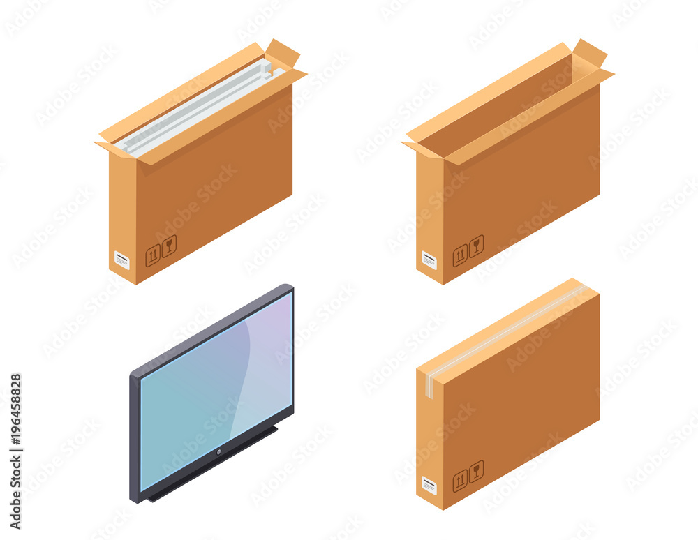 Wide carton box. Plasma tv and package. Isometric view. Vector icons ...