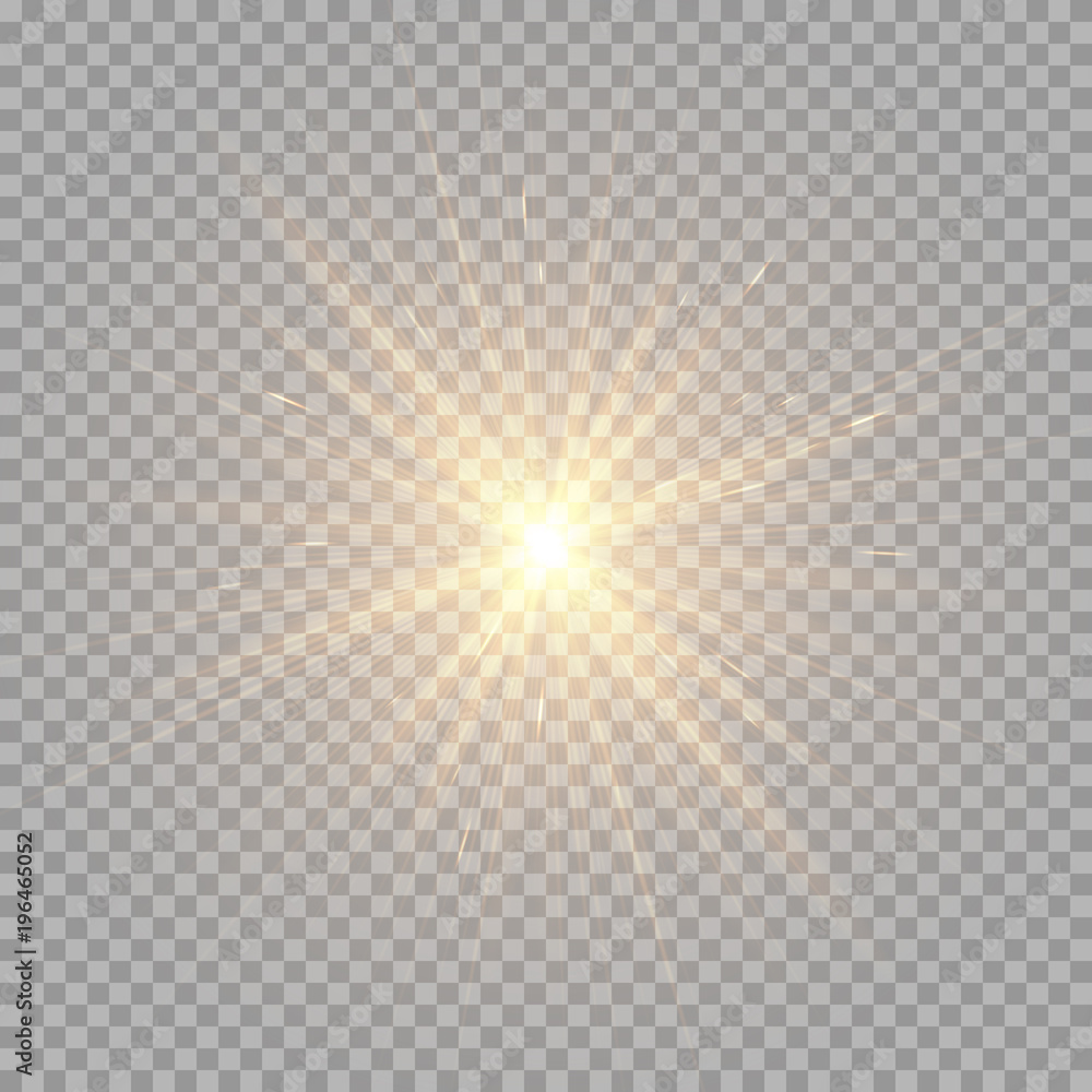 Bright golden rays on a transparent background. Brilliant light effect ...