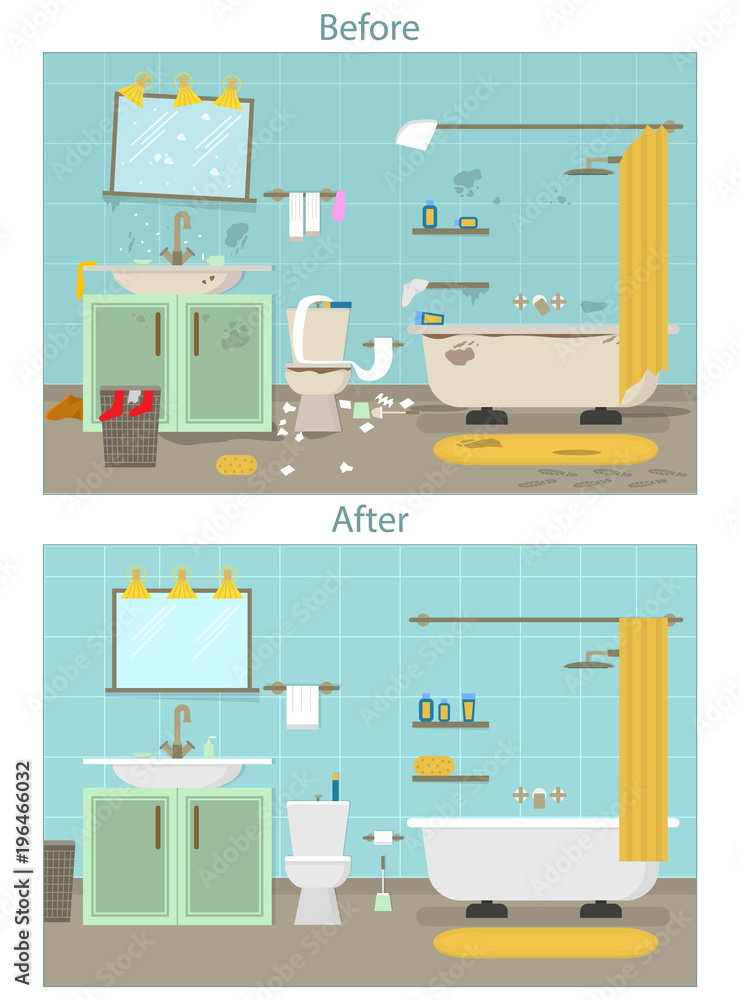Cartoon Dirty Organized and Clean Bathroom for Cleaning Room Service ...