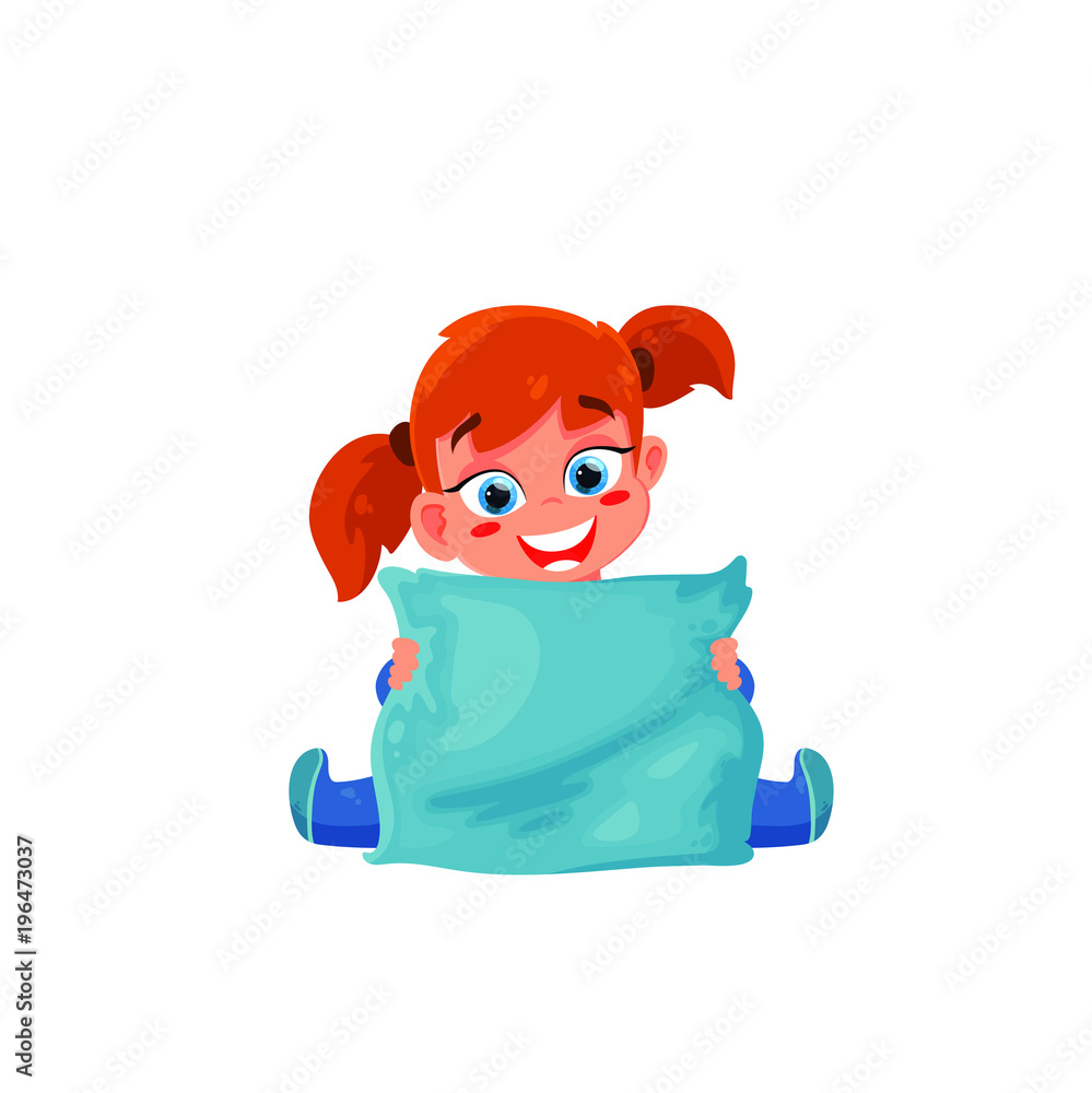Cartoon flat girl with pillow, vector flat cartoon illustration ...