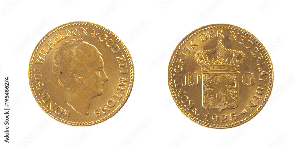 Netherlands, Gold coin of Dutch with Queen Wilhelmina front and back of ...