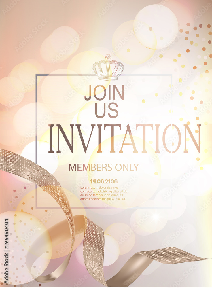 Elegant invitation card with frame, crown and defocused lights on the ...