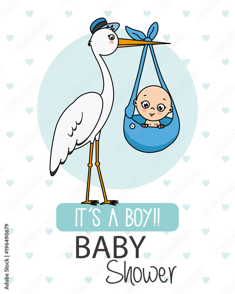 baby shower card. Stork with baby boy Stock Vector | Adobe Stock