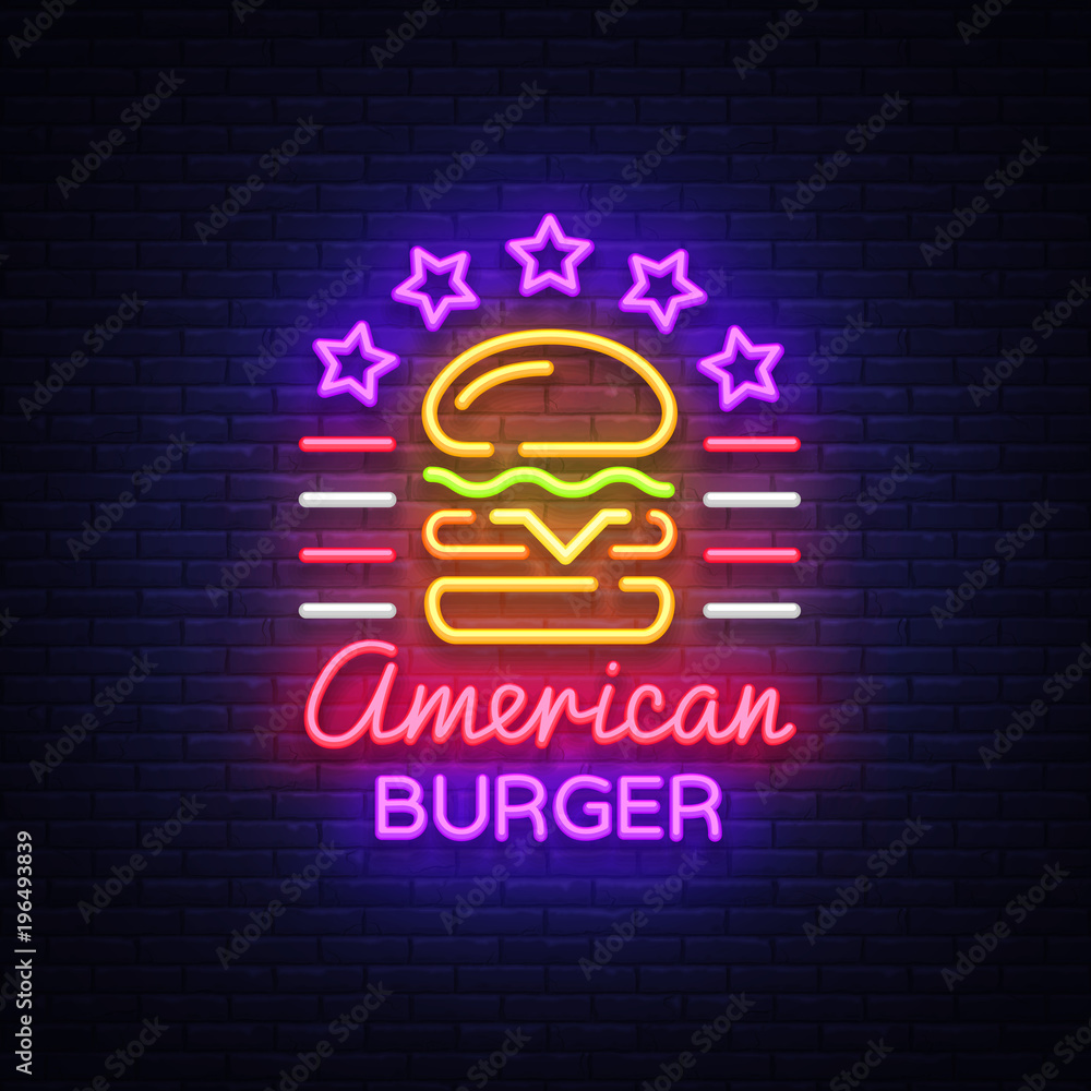 Burger logo vector. American burger, design template light emblem ...